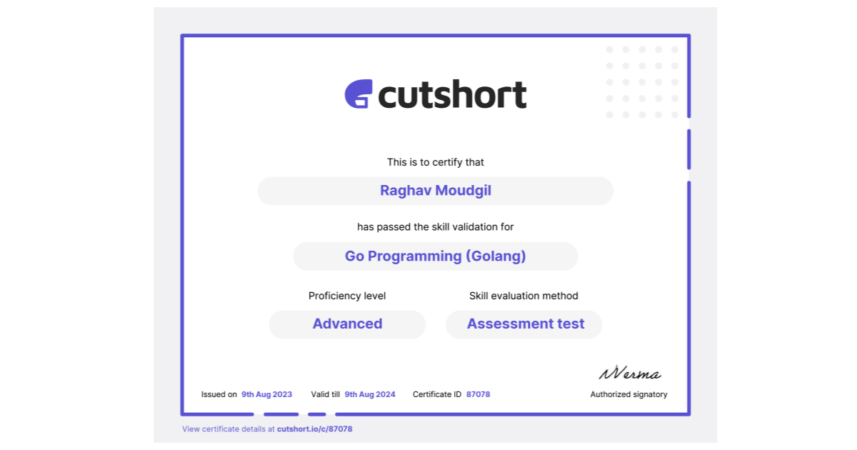 Raghav's skill certificate for Go Programming (Golang) | Cutshort