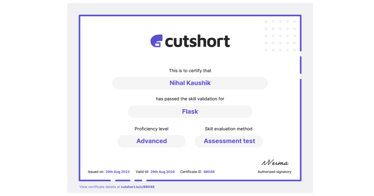 Nihal's skill certificate for Flask | Cutshort