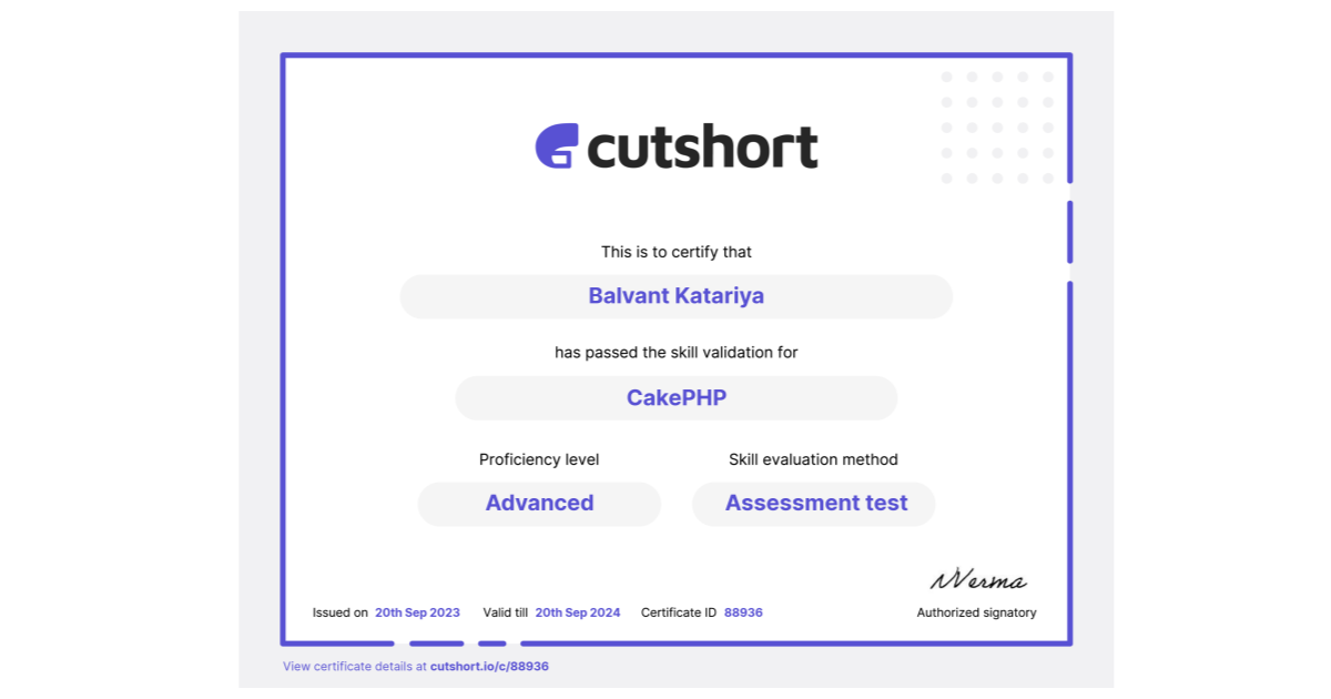 Balvant's skill certificate for CakePHP | Cutshort