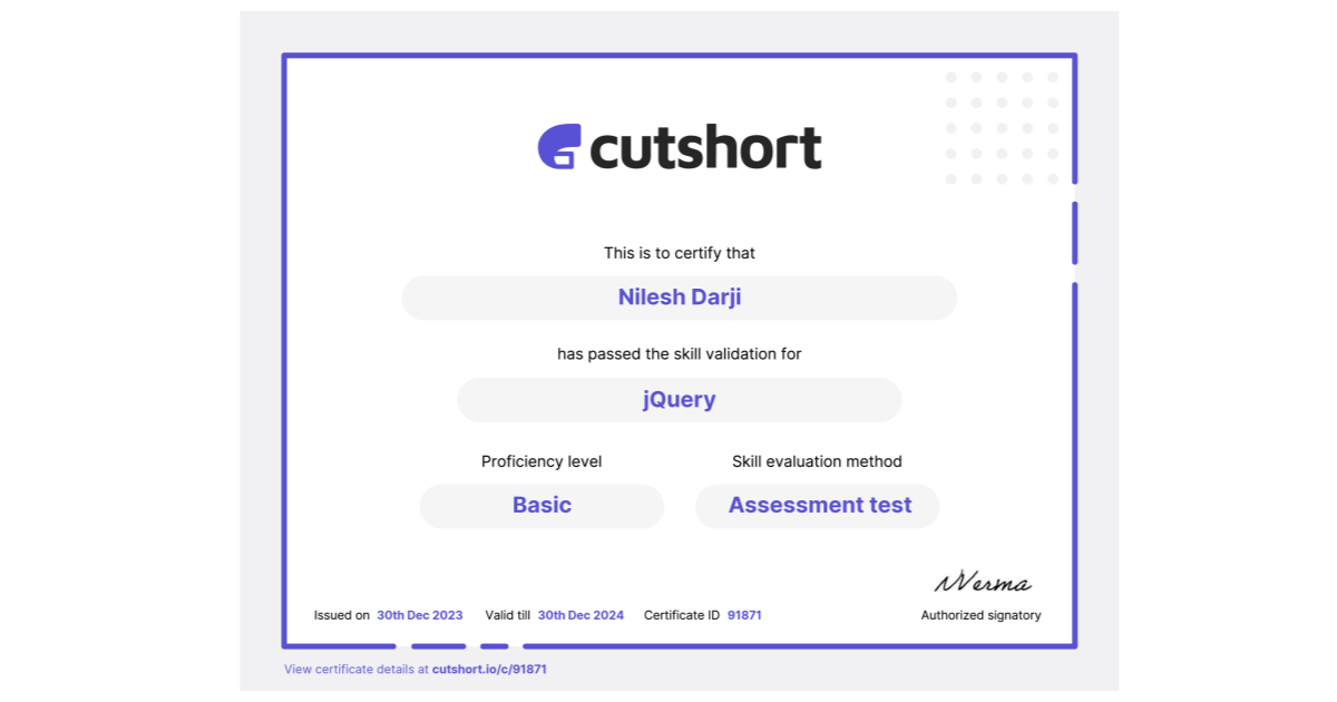 Nilesh's skill certificate for jQuery | Cutshort