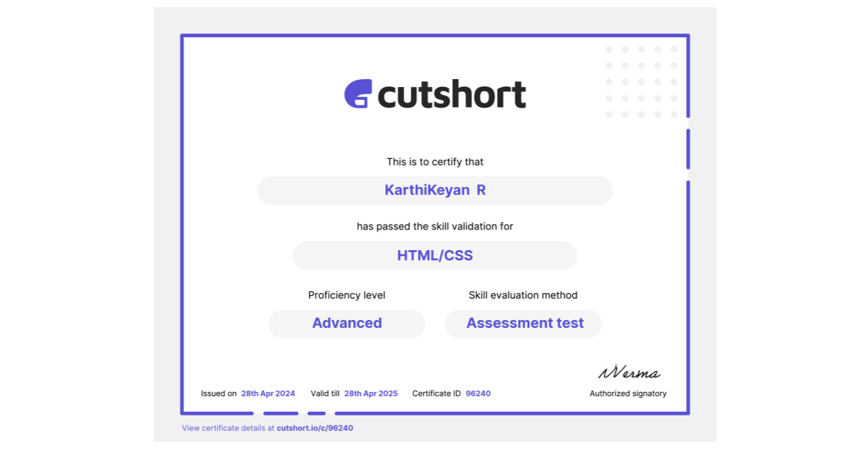 karthikeyan's skill certificate for HTML/CSS | Cutshort