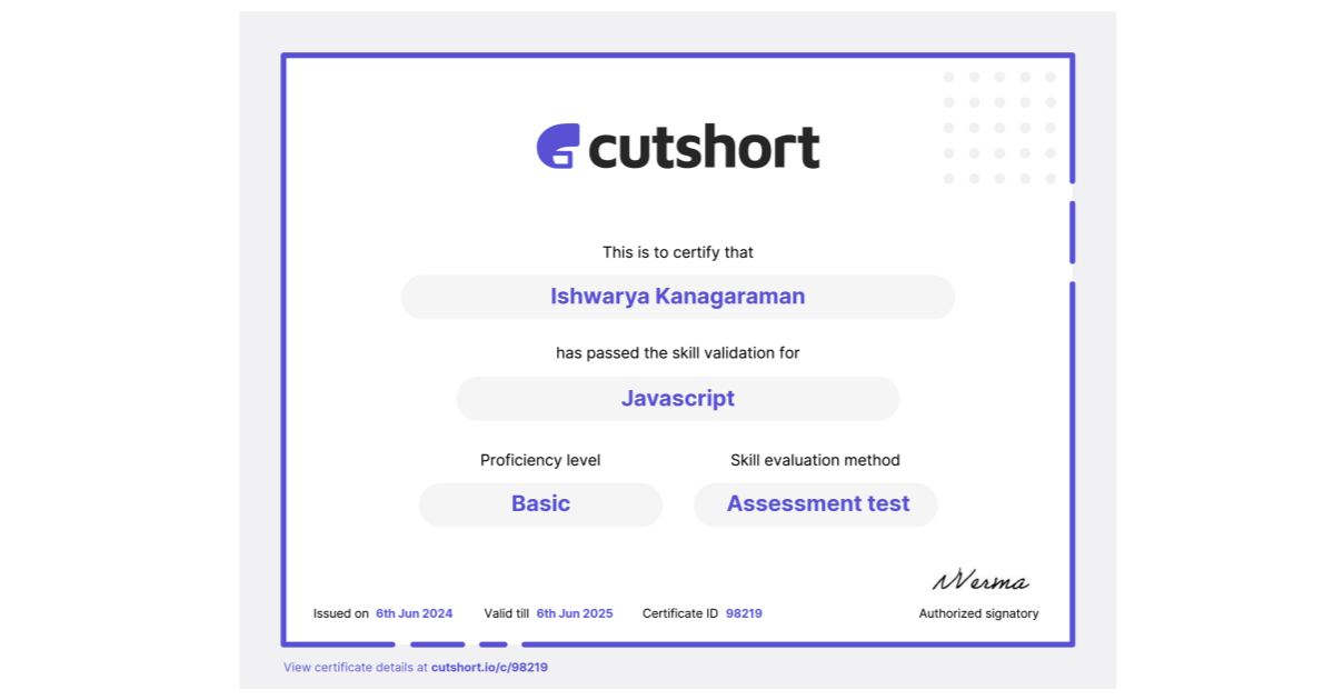 Ishwarya's skill certificate for Javascript | Cutshort